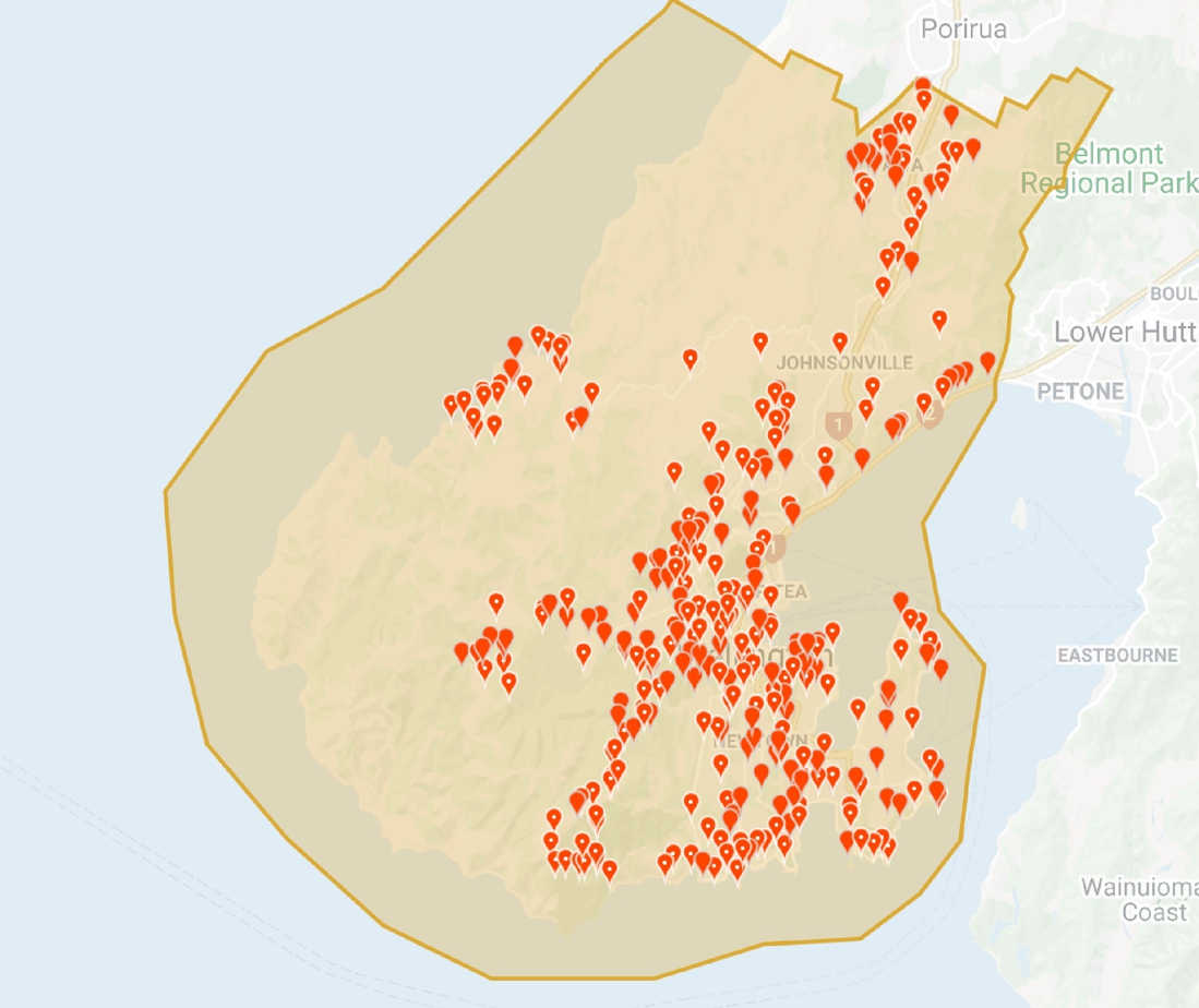 Map of observations of taken during the 2021 iNaturalist Wellington ...